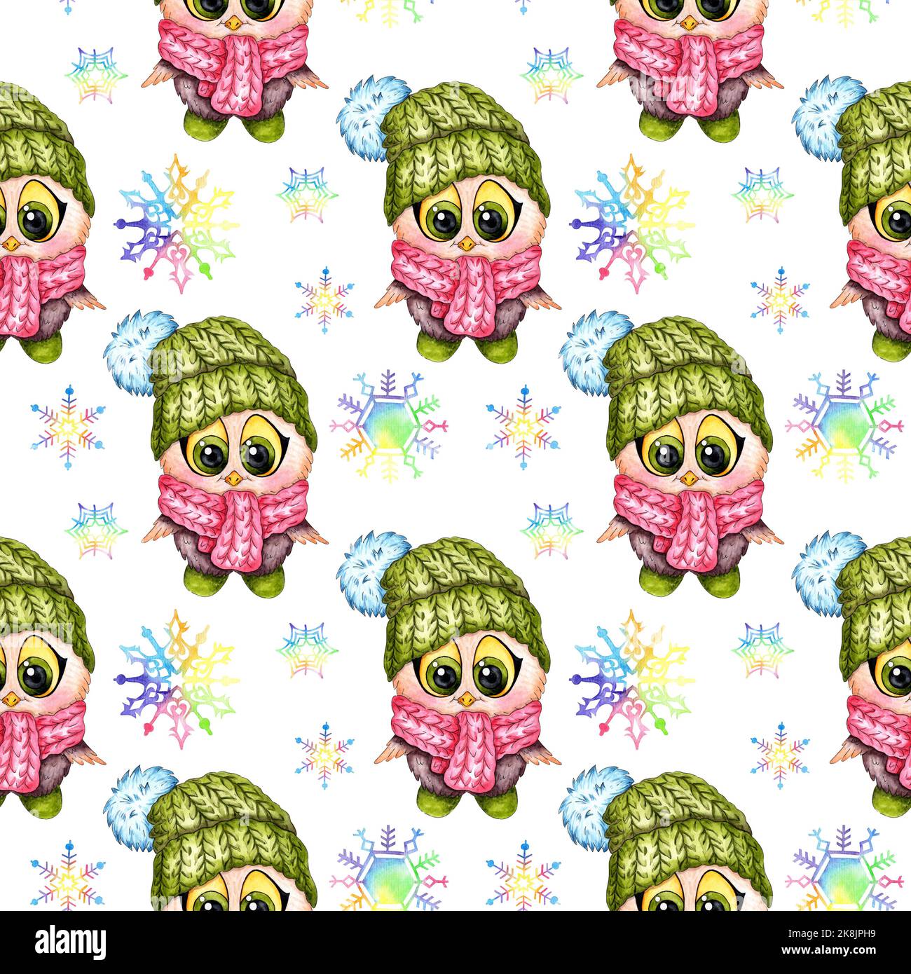 Watercolor illustration pattern of a cartoon owlet in a cap and ...