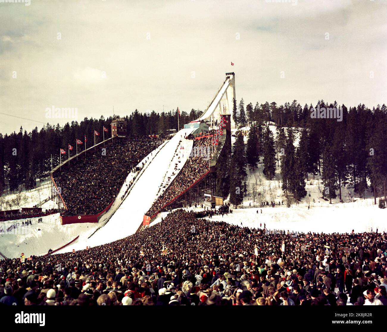 Oslo 1963. Holmenkollbakken under the Holmenkoll race with spectators ...