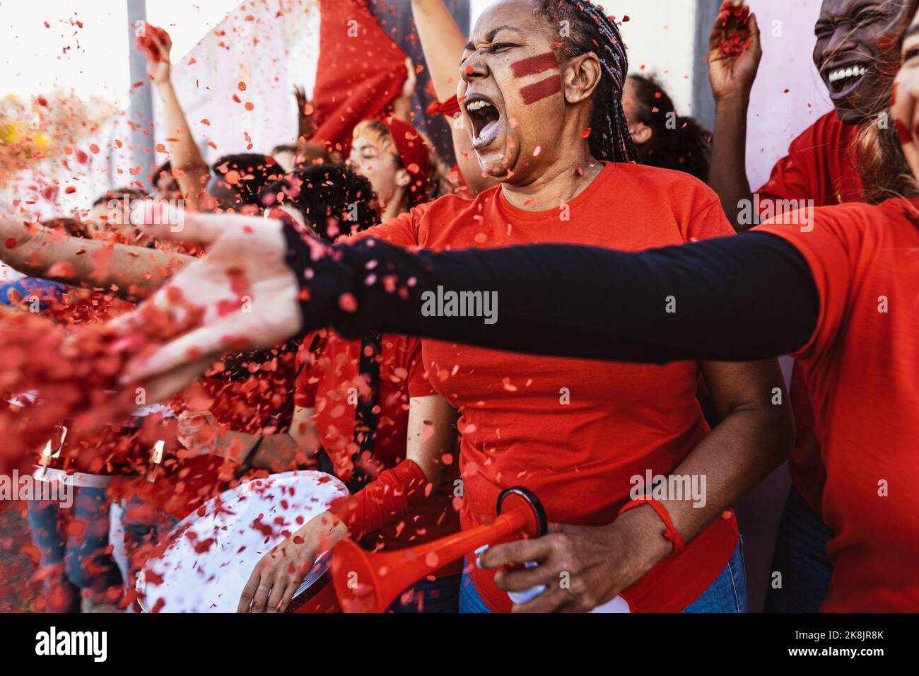Football fans having fun supporting favorite team - Soccer sport ...
