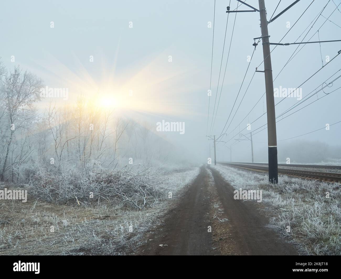 Train tracks in winter with frost covering around everywhere and power lines Stock Photo - Alamy
