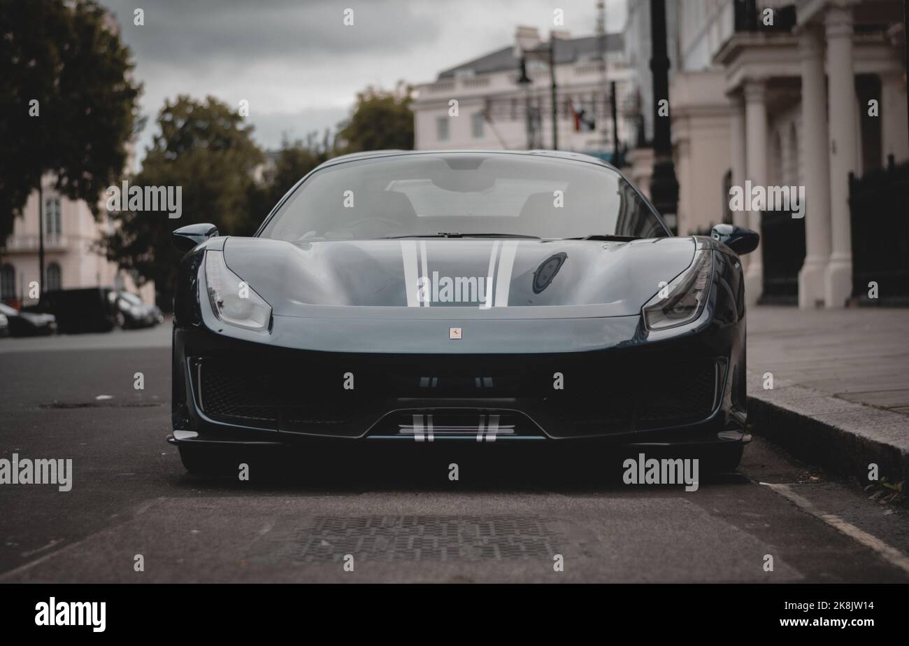 Blue Ferrari 488 pista showing off around London during a moody day ...