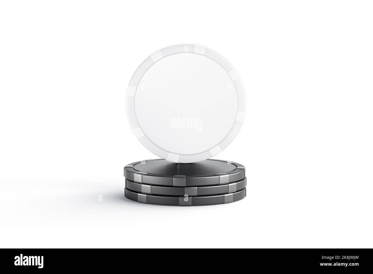 Blank white plastic round chip mockup stand on black stack, 3d ...