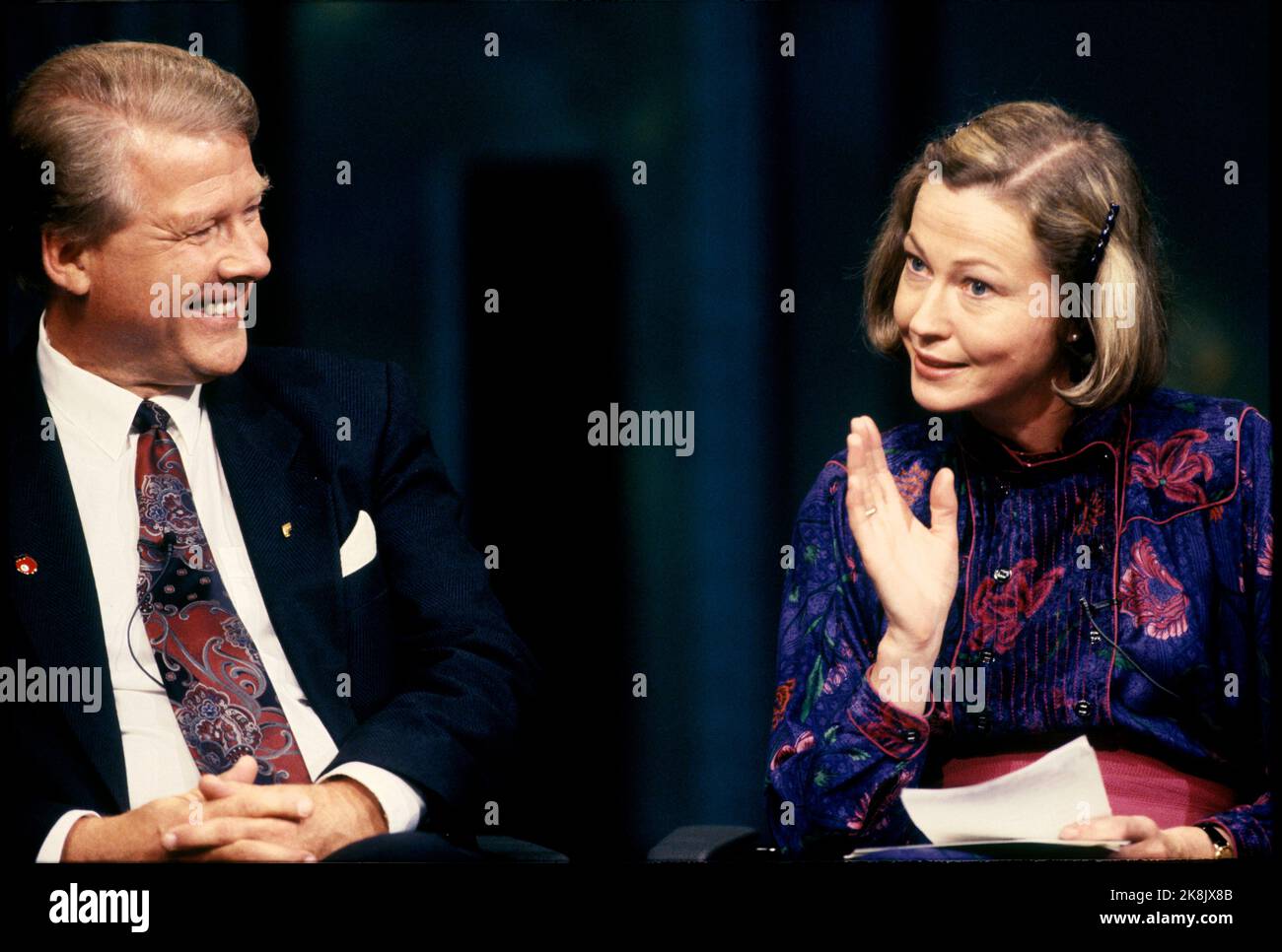 Oslo 19930913. A smiling Carl I. Hagen (Frp) together with Kaci ...