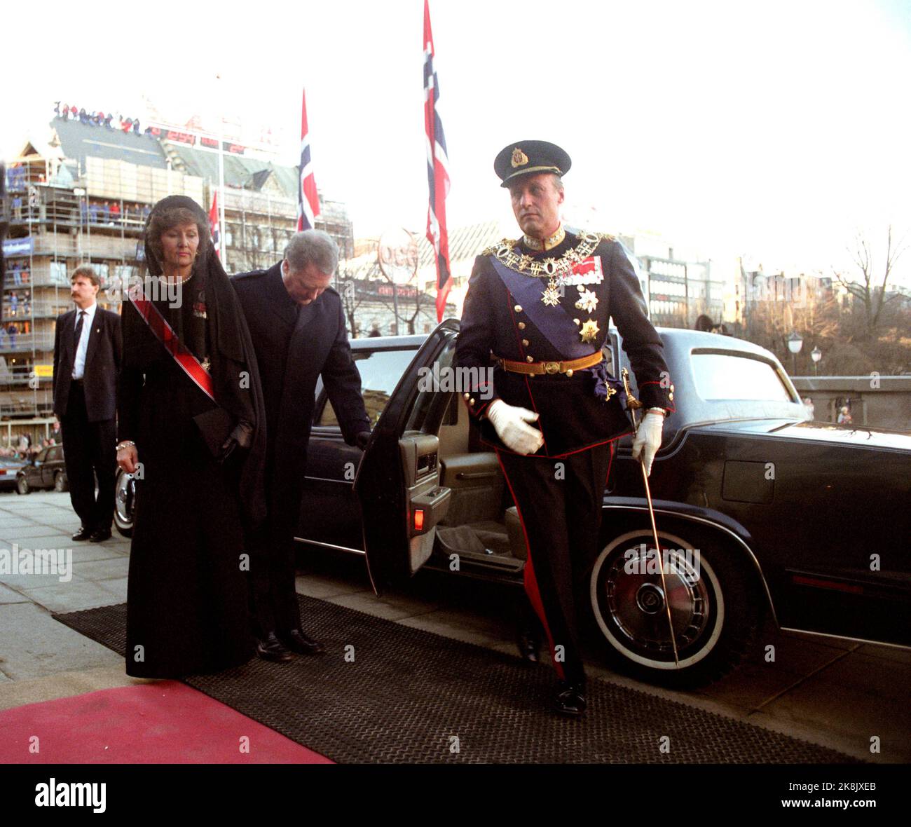 Oslo 19910121. Queen Sonja and King Harald arrive for oaths in the Storting after King Olav's ...