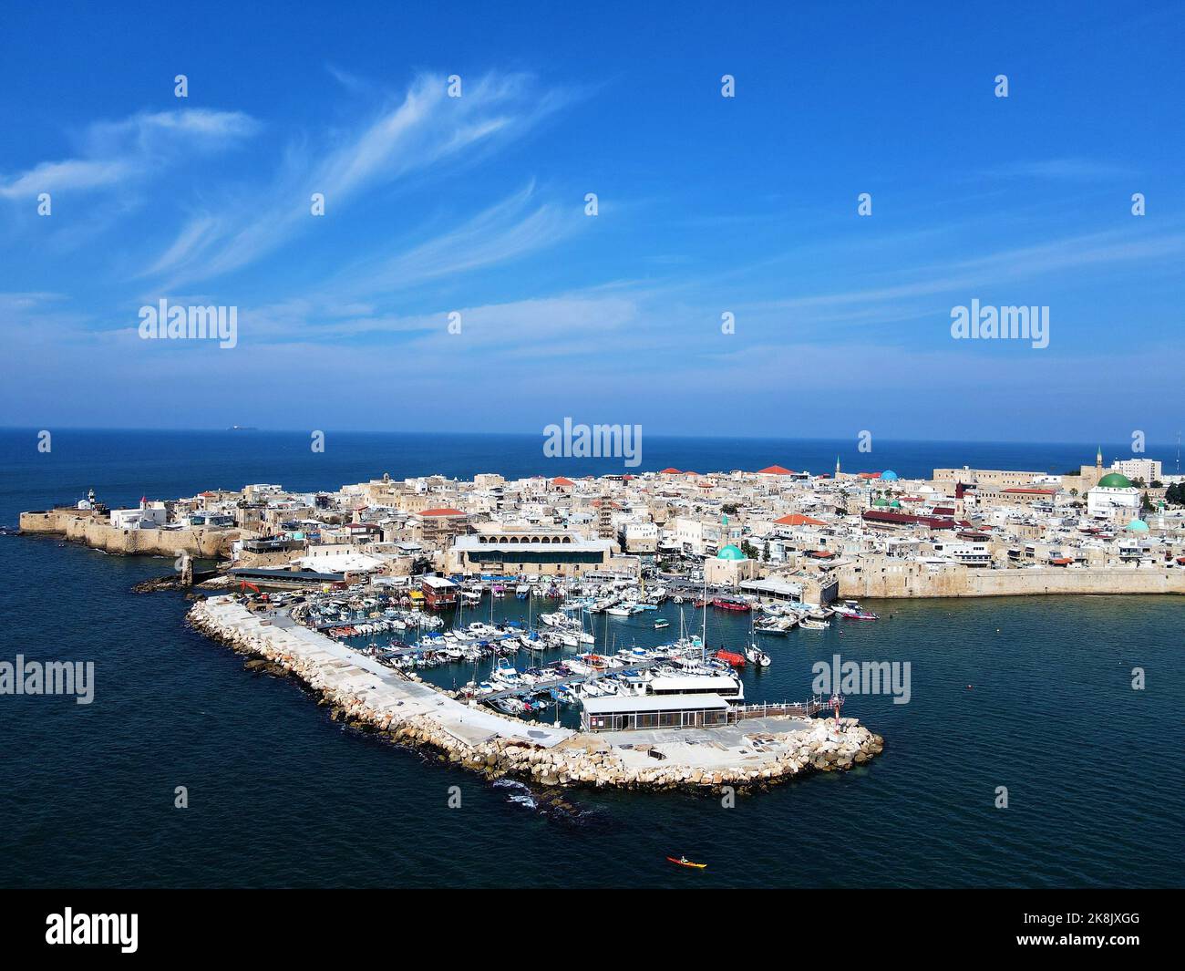 An aerial footage of the old City bay and Port of Acre, Israel by the ...