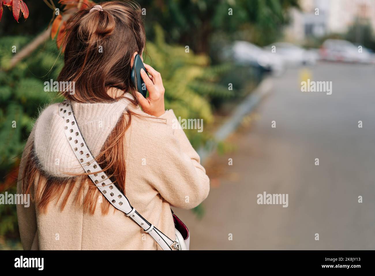Woman talking on smartphone, back view, with space for text or design ...
