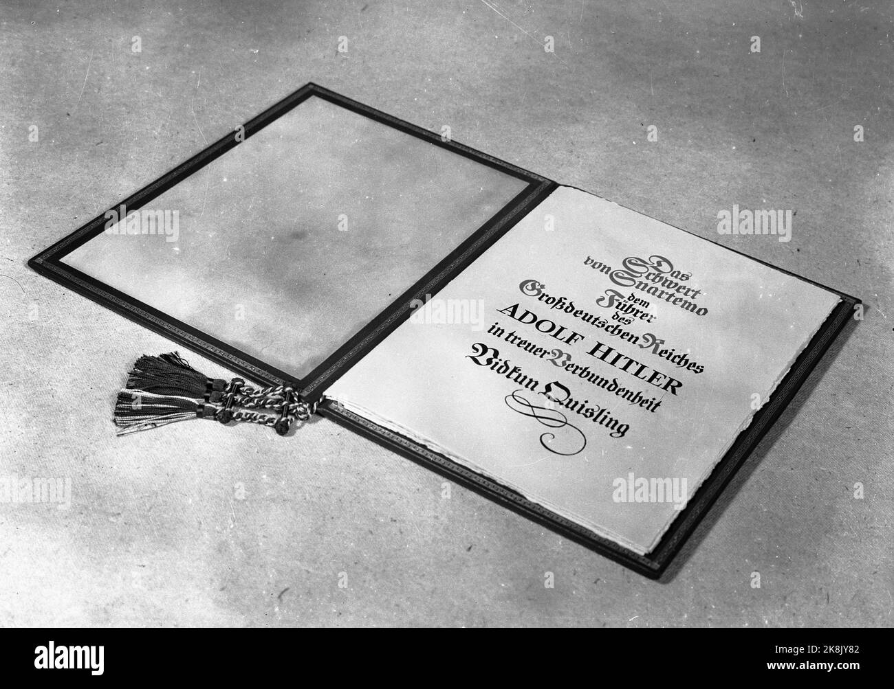 Ww2 oslo Address book, gift from Vidkun Quisling to Adolf Hitler. Photo ...