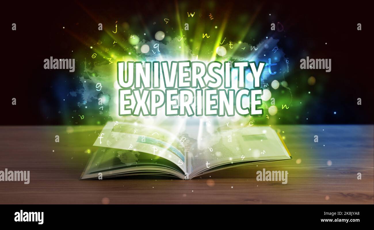 Educational inscription coming out from an open book Stock Photo - Alamy