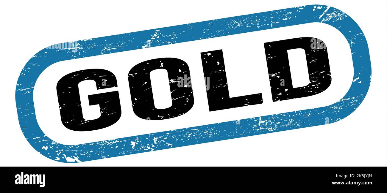 GOLD, text on blue-black rectangle stamp sign Stock Photo - Alamy