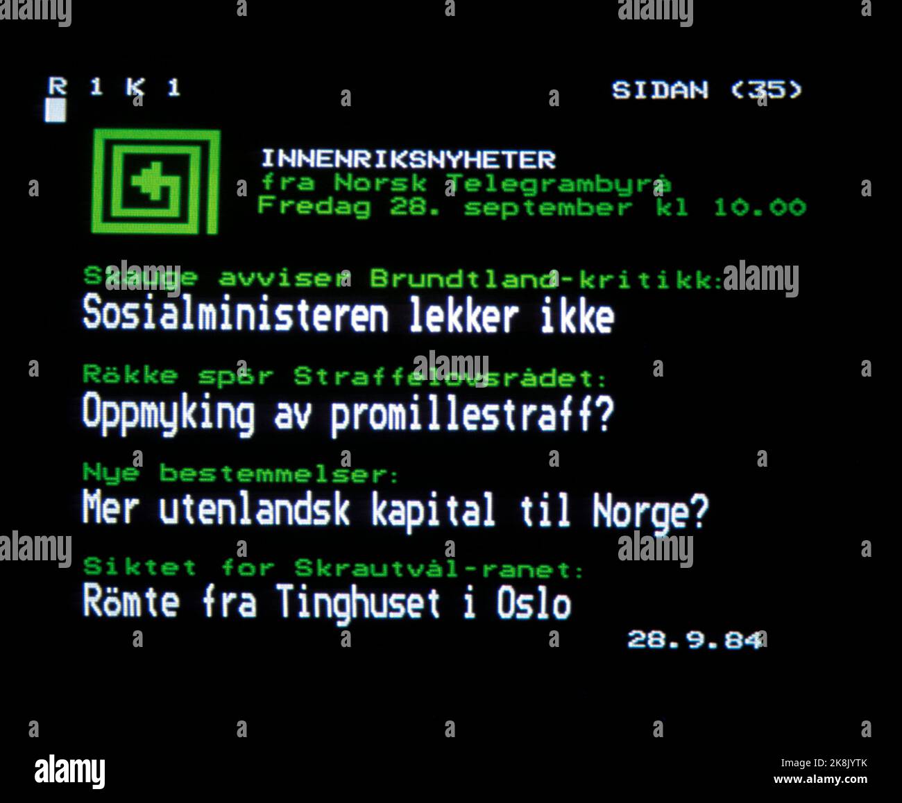 Oslo 19840928 NTB opens its TV newspaper. Text TV. Screenshot in black ...