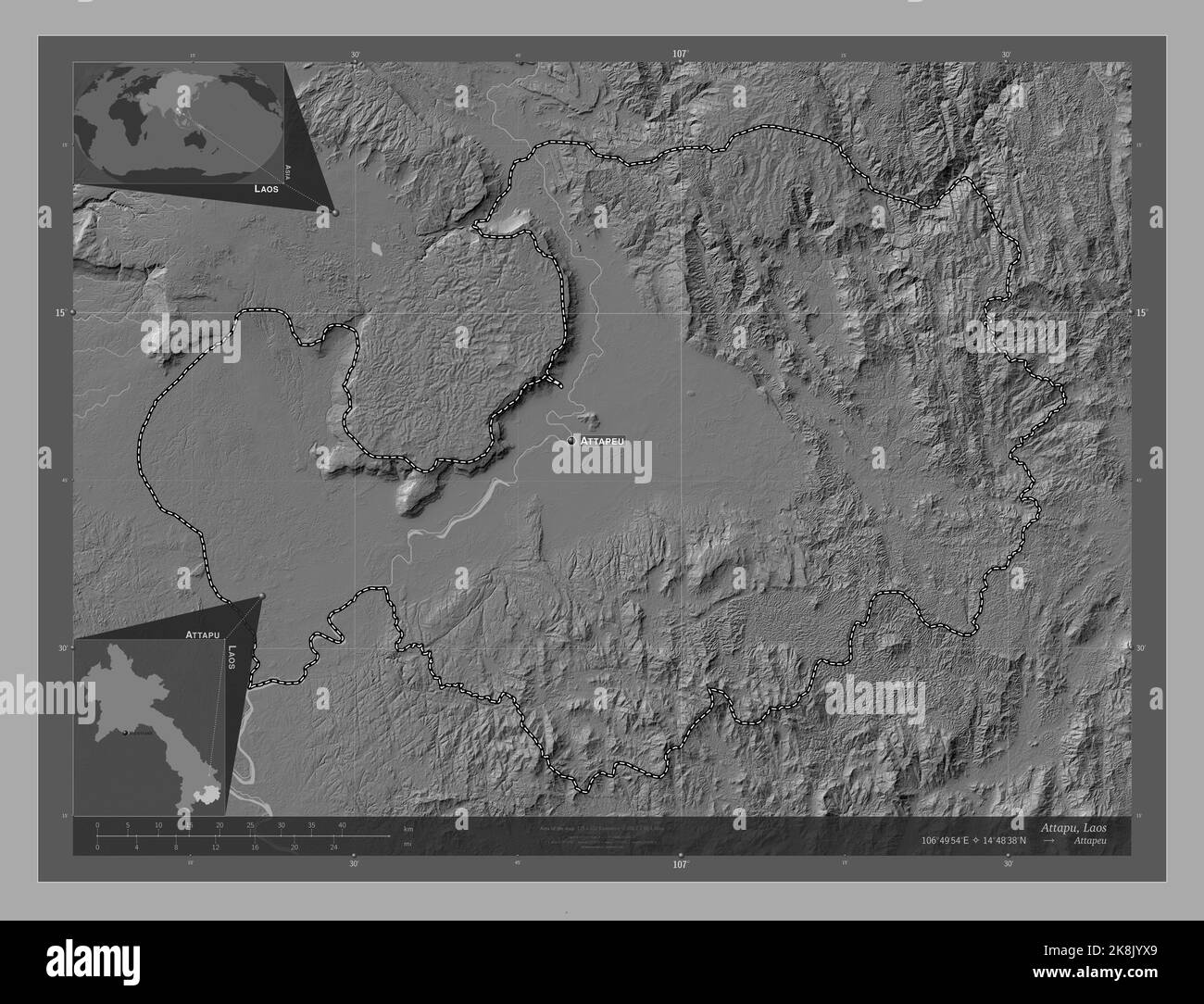 Attapu, province of Laos. Bilevel elevation map with lakes and rivers ...