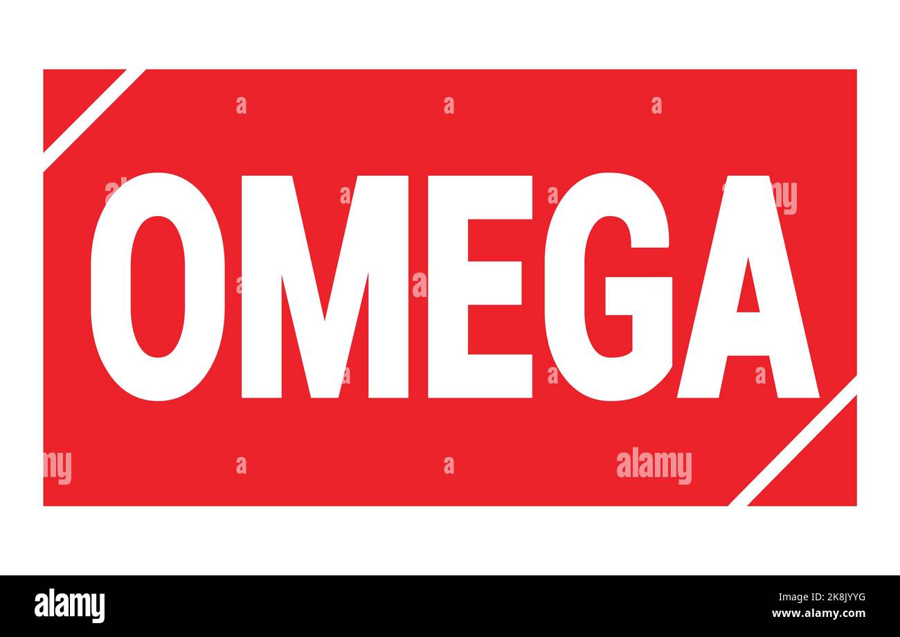 OMEGA text written on red rectangle stamp sign Stock Photo - Alamy