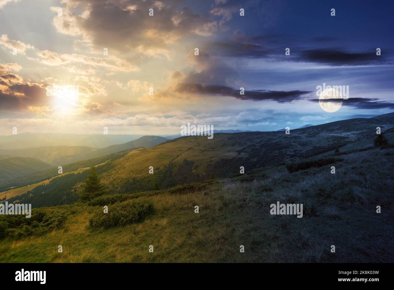 view in to the mountain valley at twilight. day and night time change ...