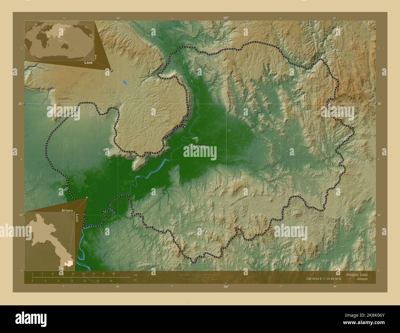 Attapu, province of Laos. Colored elevation map with lakes and rivers ...