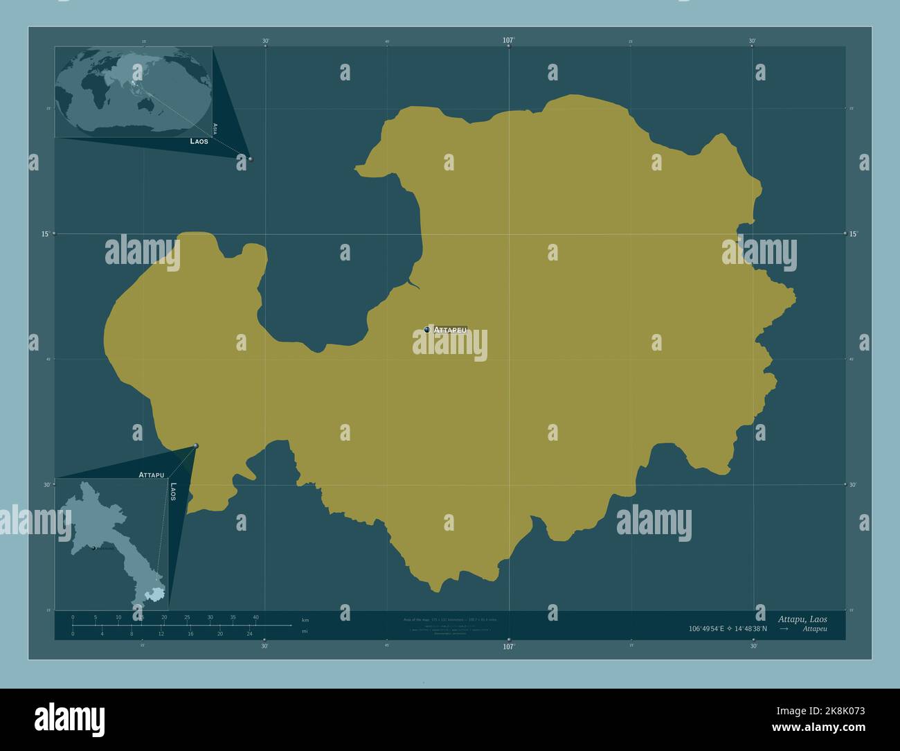 Attapu, province of Laos. Solid color shape. Locations and names of ...