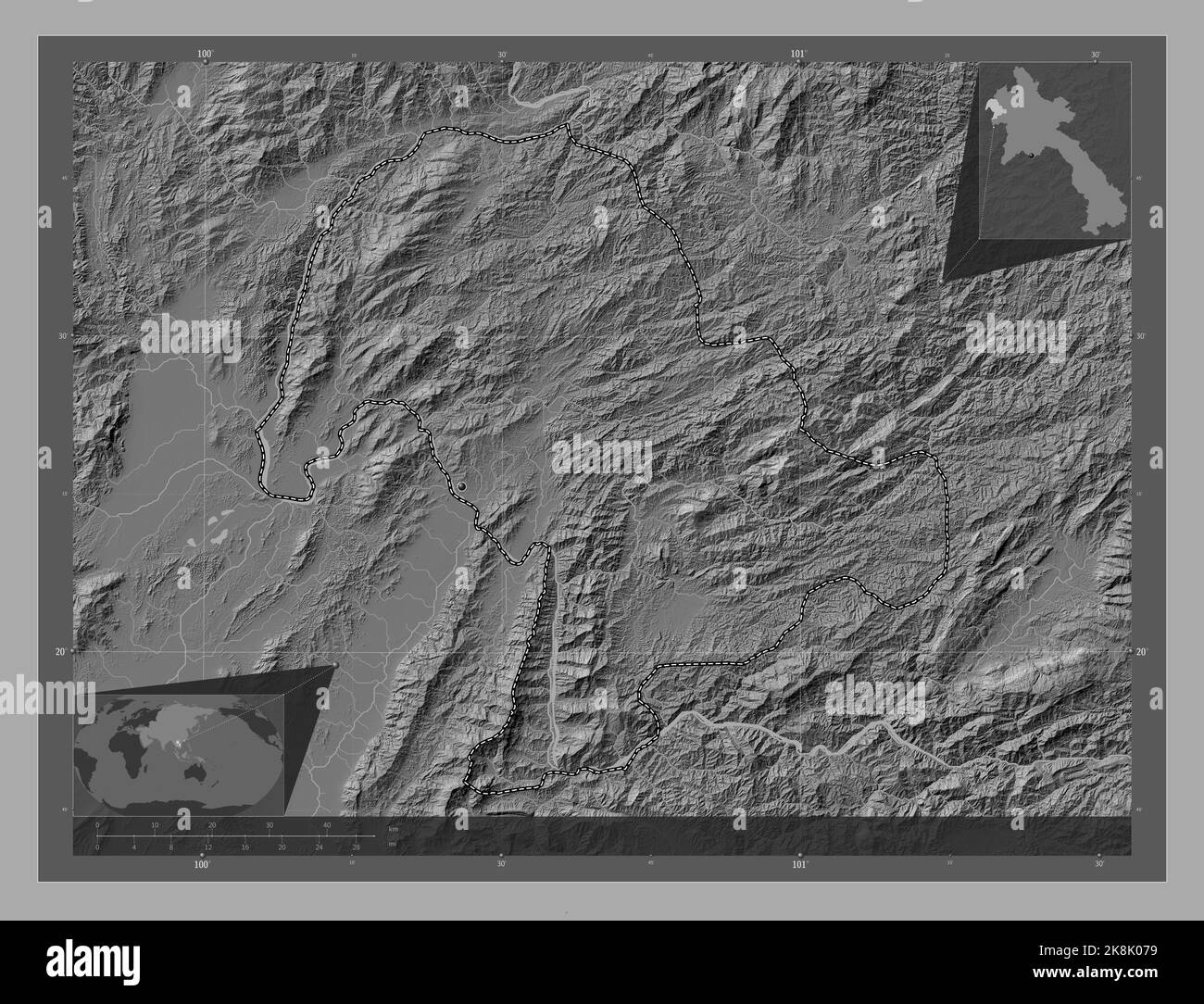 Bokeo, province of Laos. Bilevel elevation map with lakes and rivers ...