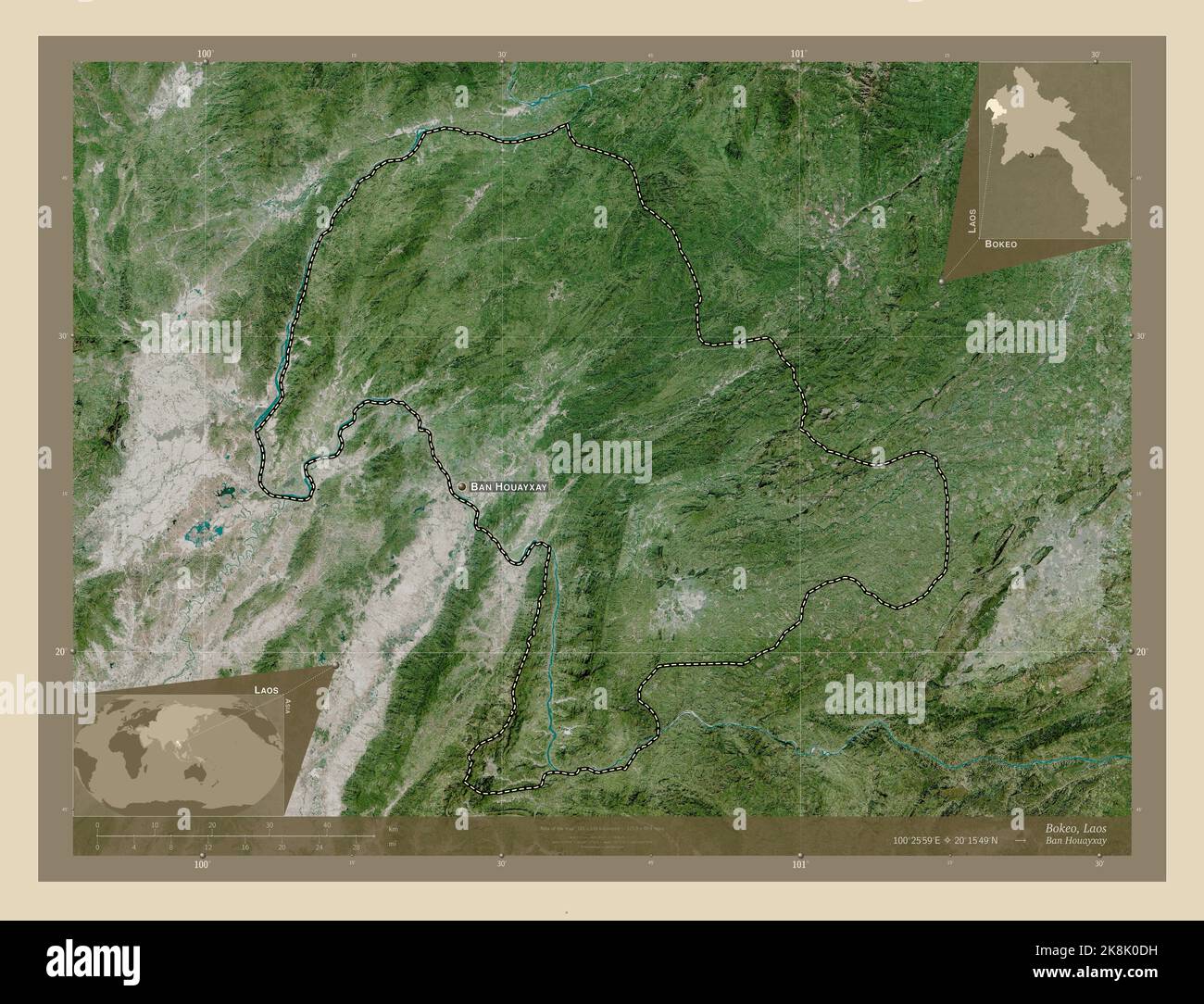 Bokeo, province of Laos. High resolution satellite map. Locations and ...