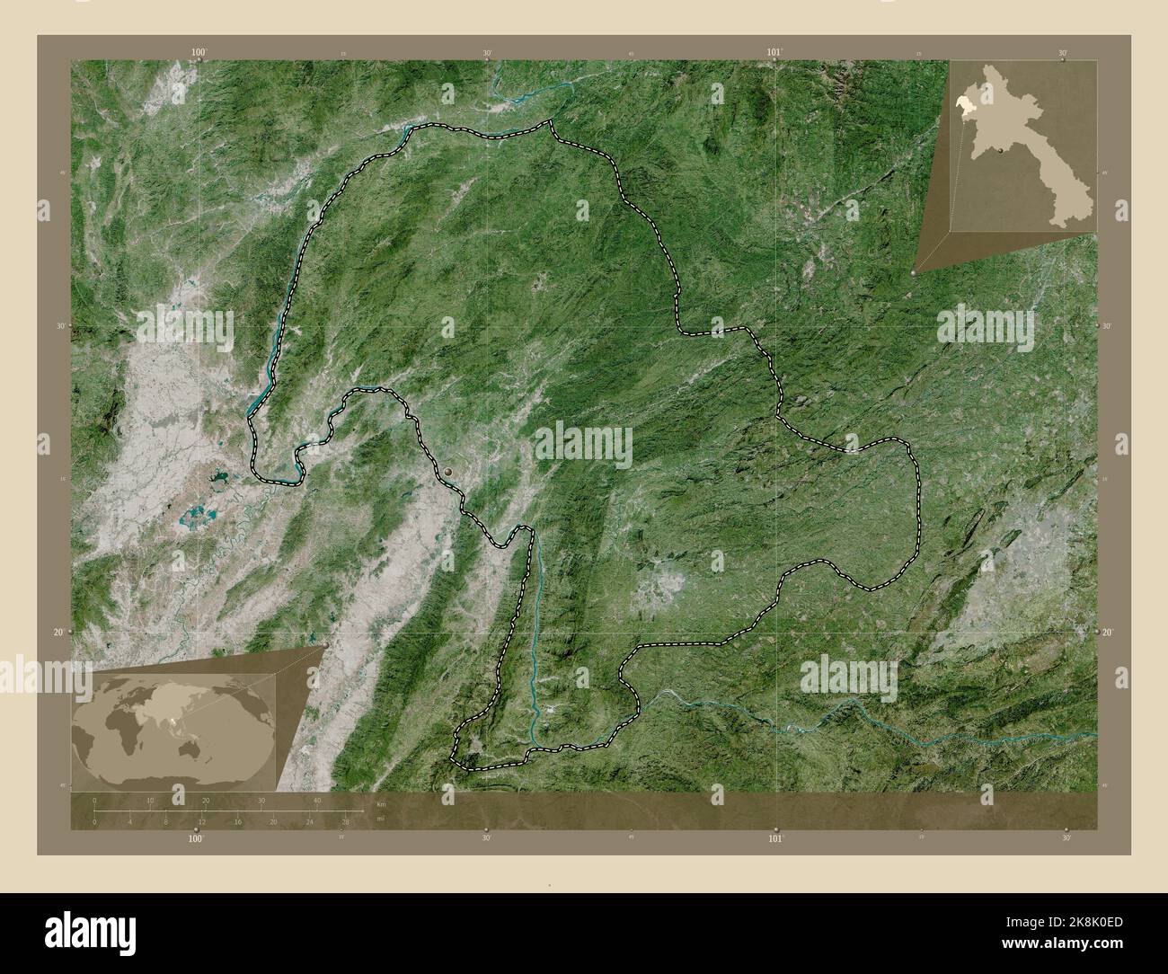 Bokeo, province of Laos. High resolution satellite map. Corner ...