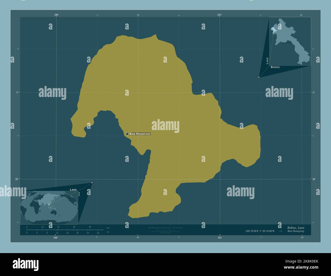 Bokeo, province of Laos. Solid color shape. Locations and names of ...