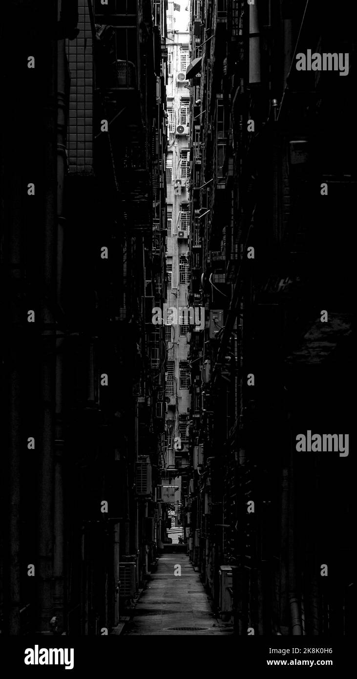 The vertical grayscale view of a narrow walkway between the tall ...