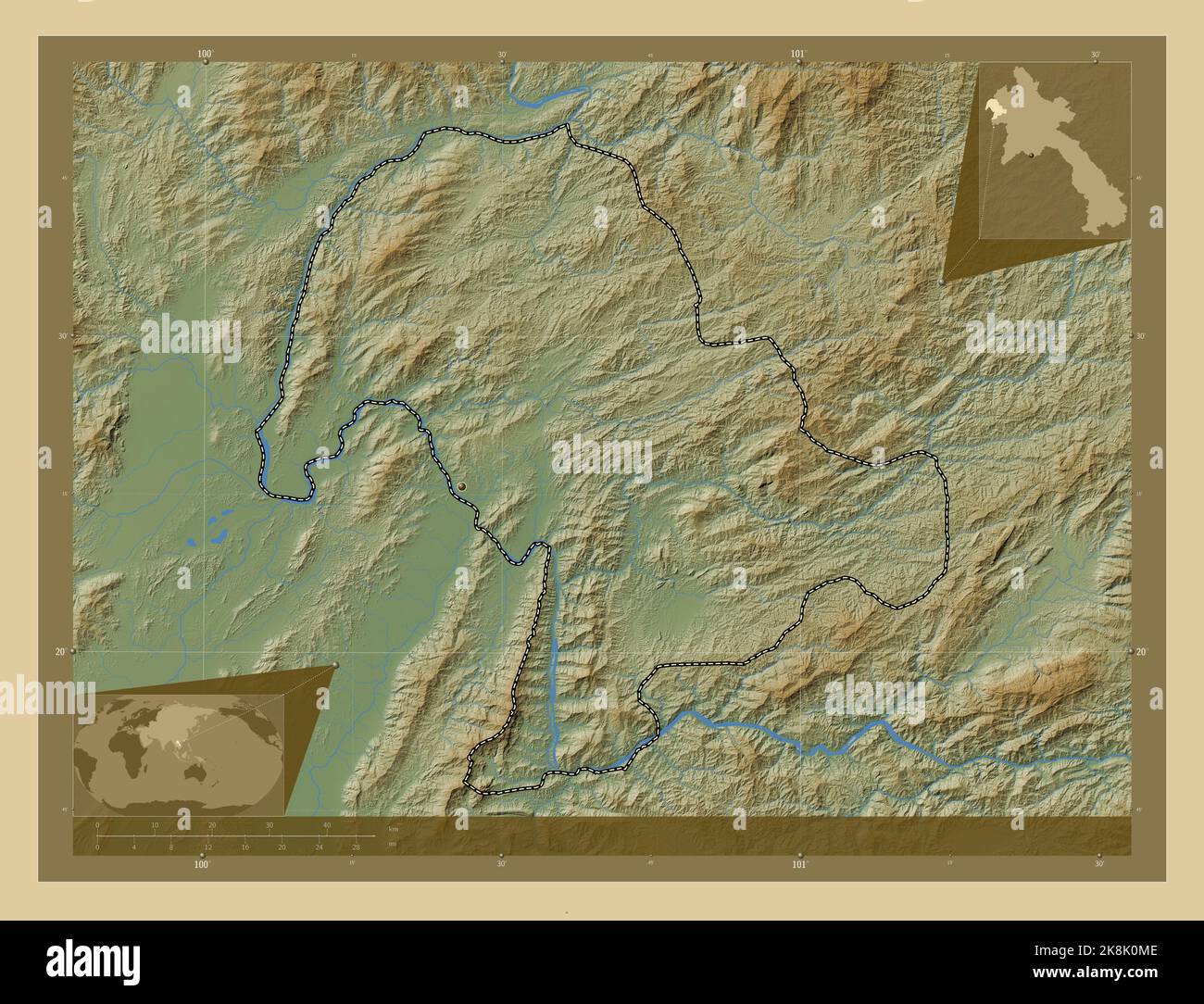 Bokeo, province of Laos. Colored elevation map with lakes and rivers ...