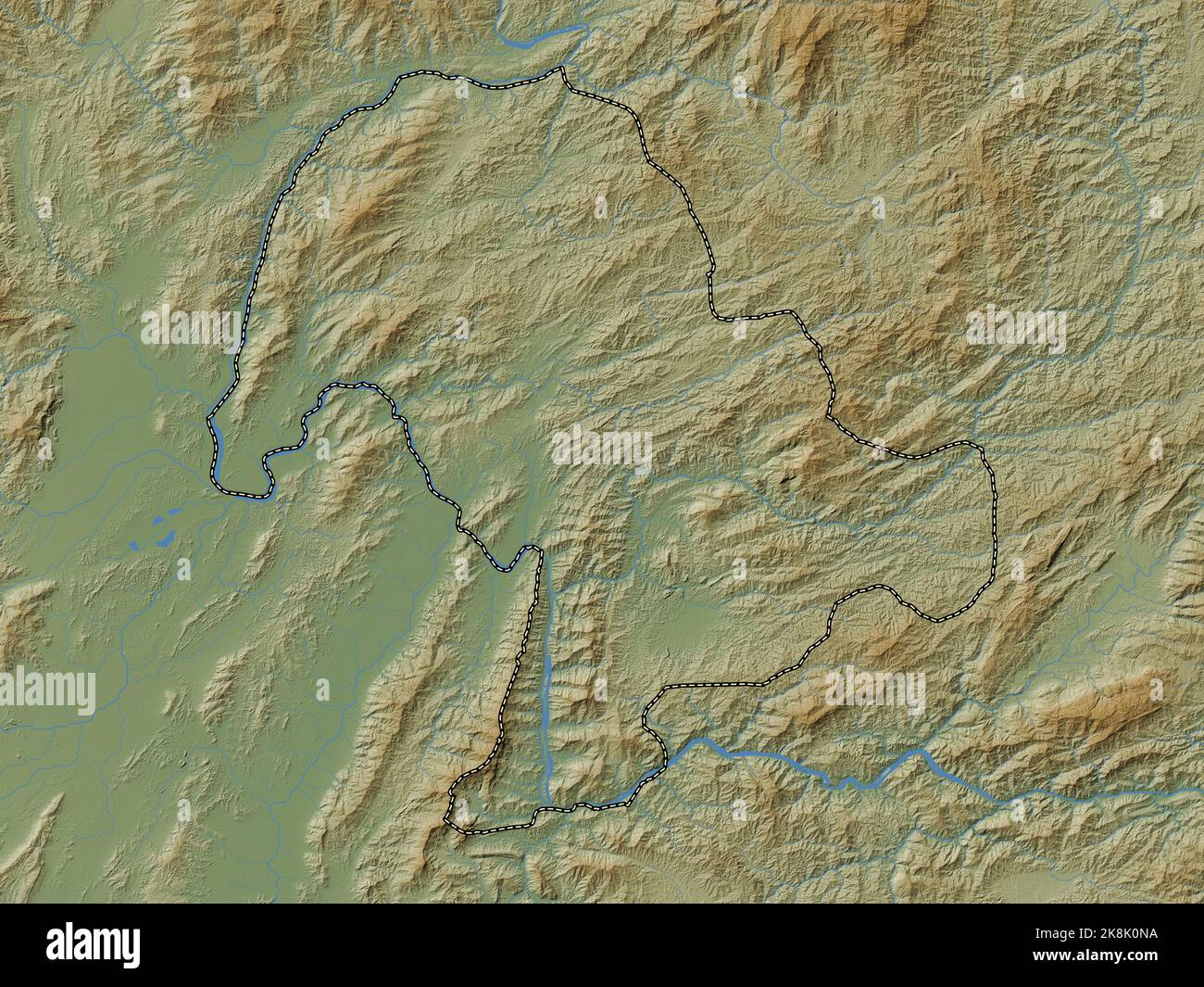 Bokeo, province of Laos. Colored elevation map with lakes and rivers ...