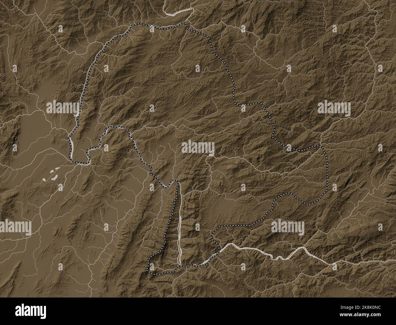 Bokeo, province of Laos. Elevation map colored in sepia tones with lakes and rivers Stock Photo ...