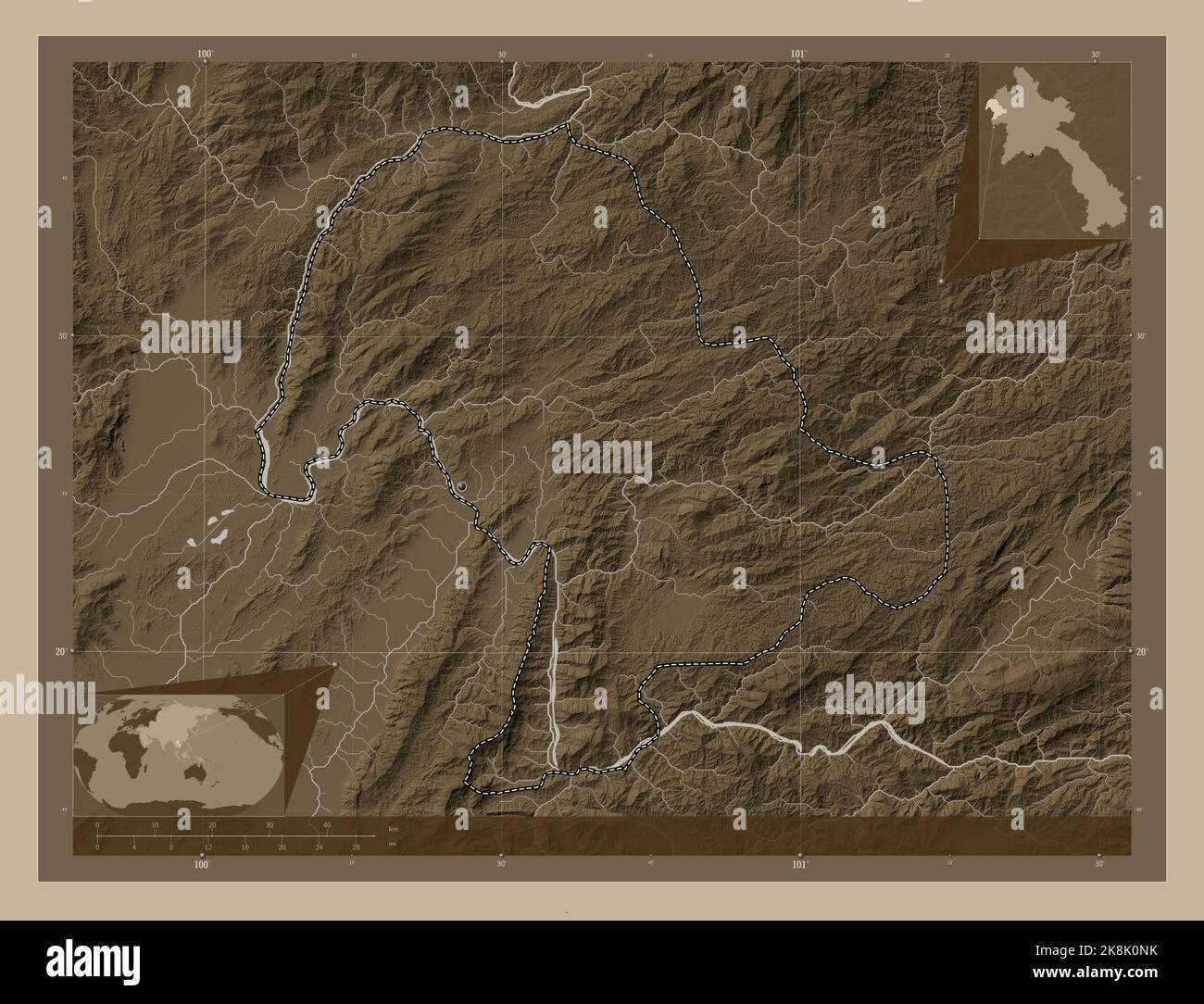 Bokeo, province of Laos. Elevation map colored in sepia tones with ...