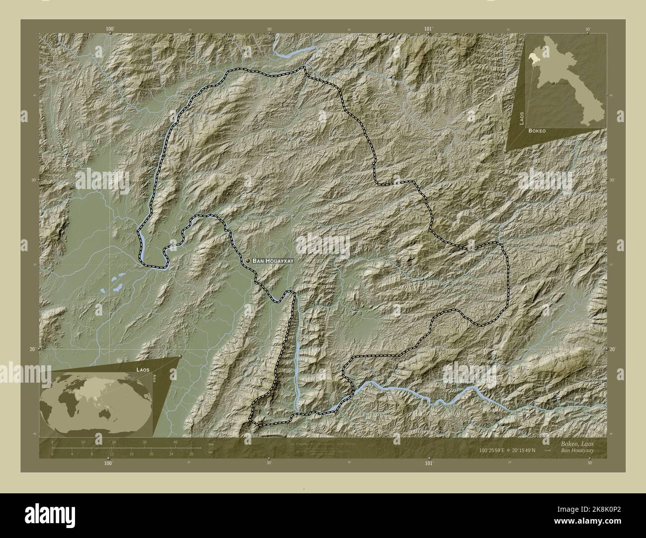 Bokeo, province of Laos. Elevation map colored in wiki style with lakes and rivers. Locations ...