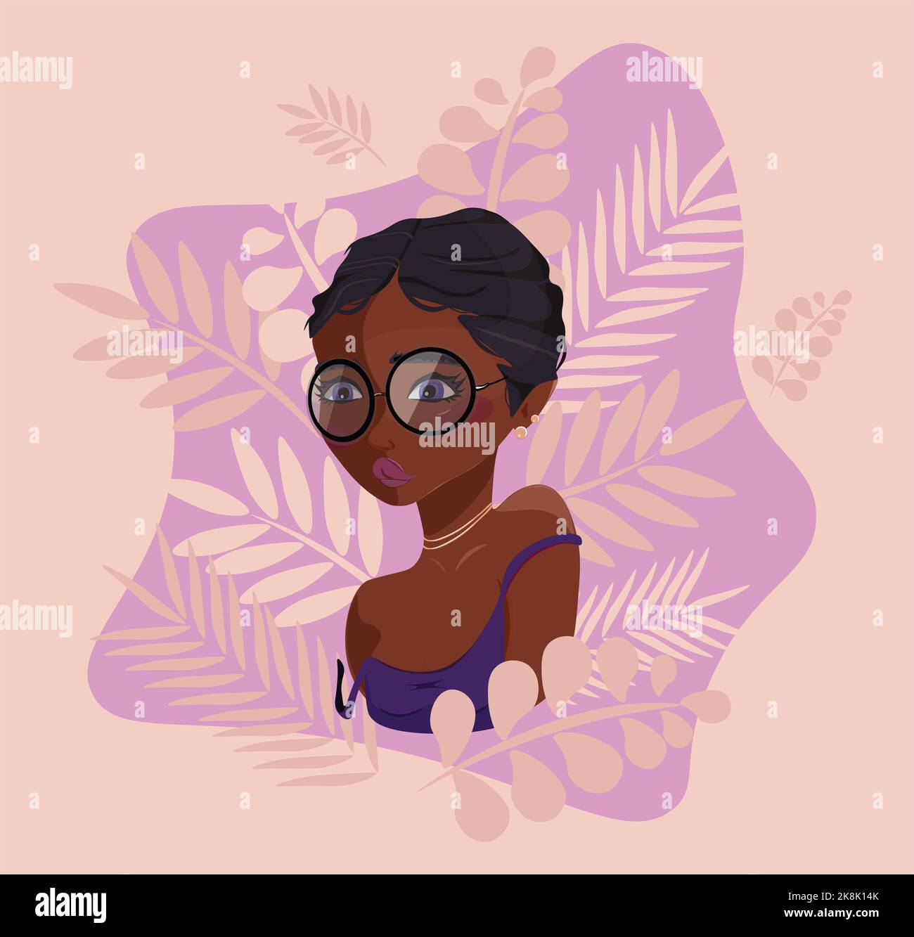 An illustrated portrait of a dark-skinned girl with eyeglasses before ...