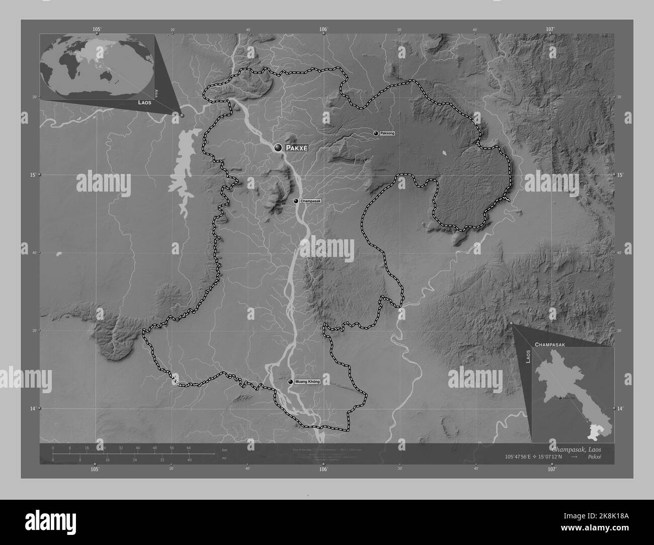 Champasak, province of Laos. Grayscale elevation map with lakes and ...