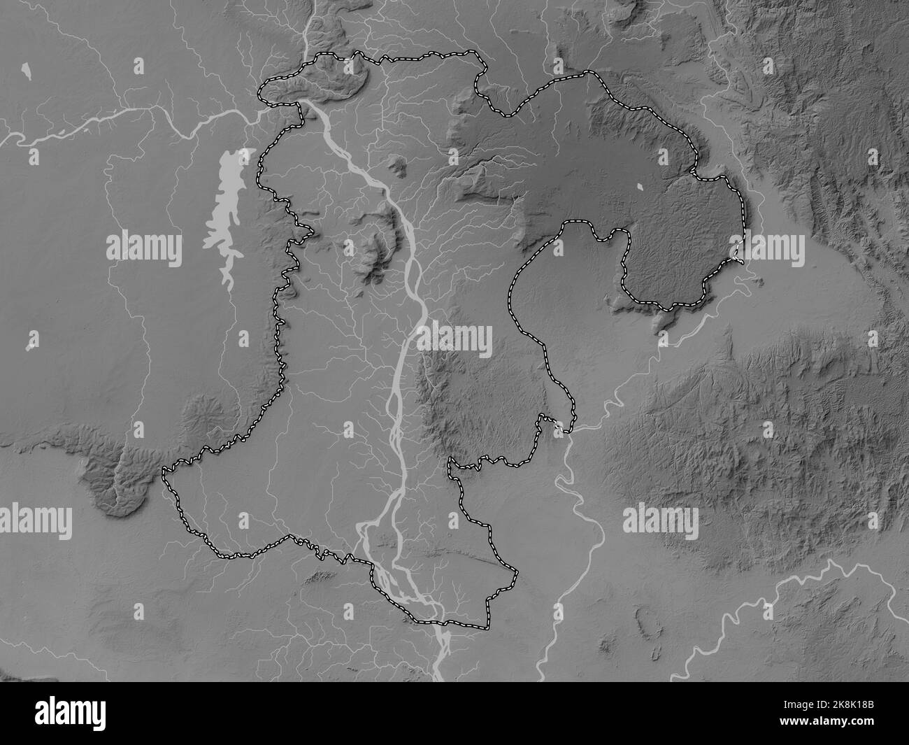Champasak, province of Laos. Grayscale elevation map with lakes and ...