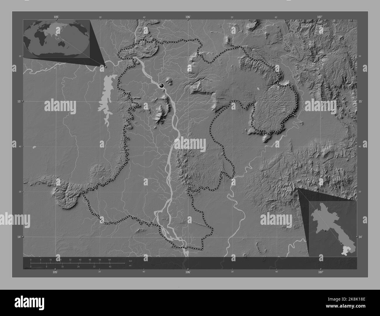 Champasak, province of Laos. Bilevel elevation map with lakes and ...