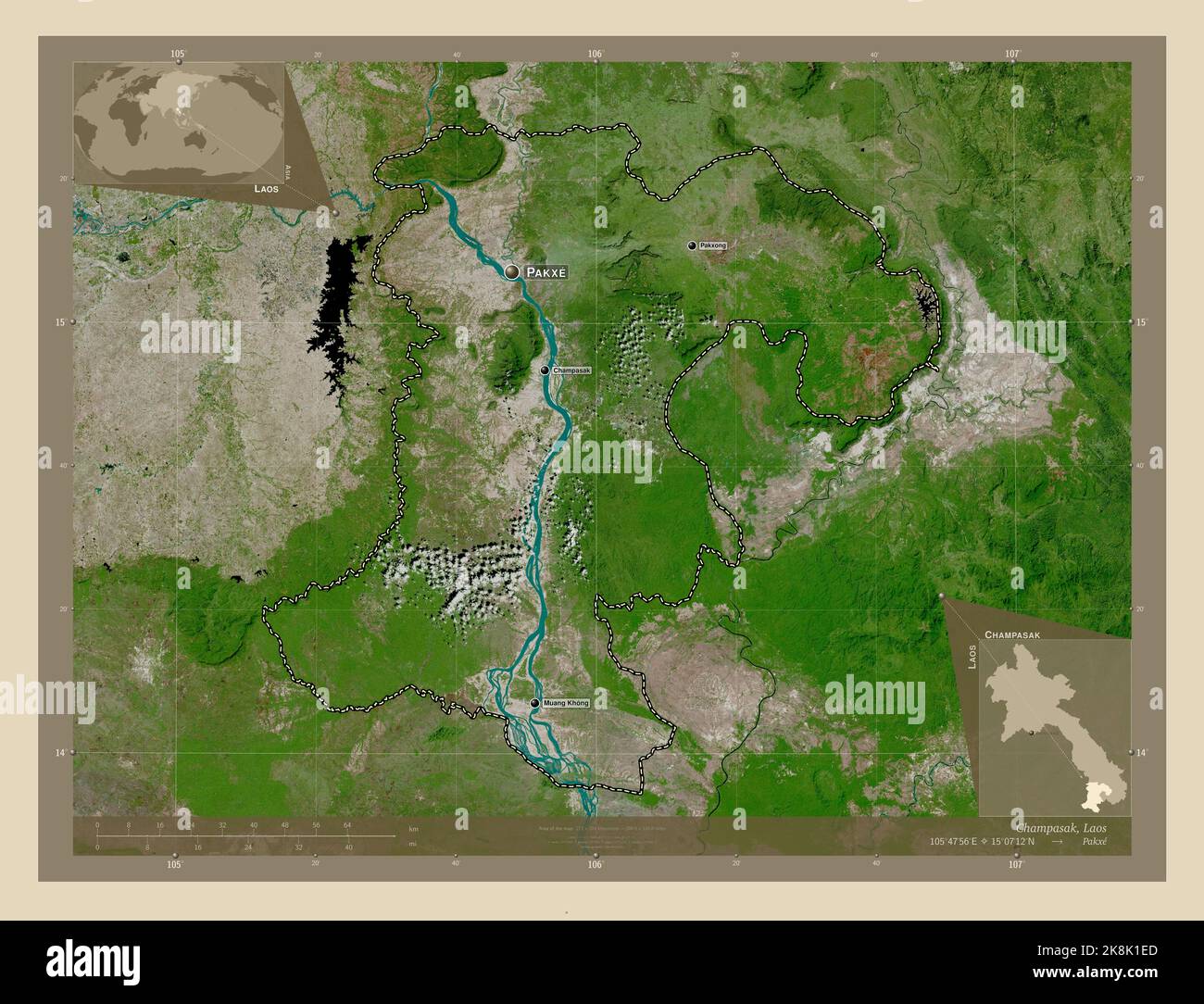 Champasak, province of Laos. High resolution satellite map. Locations ...