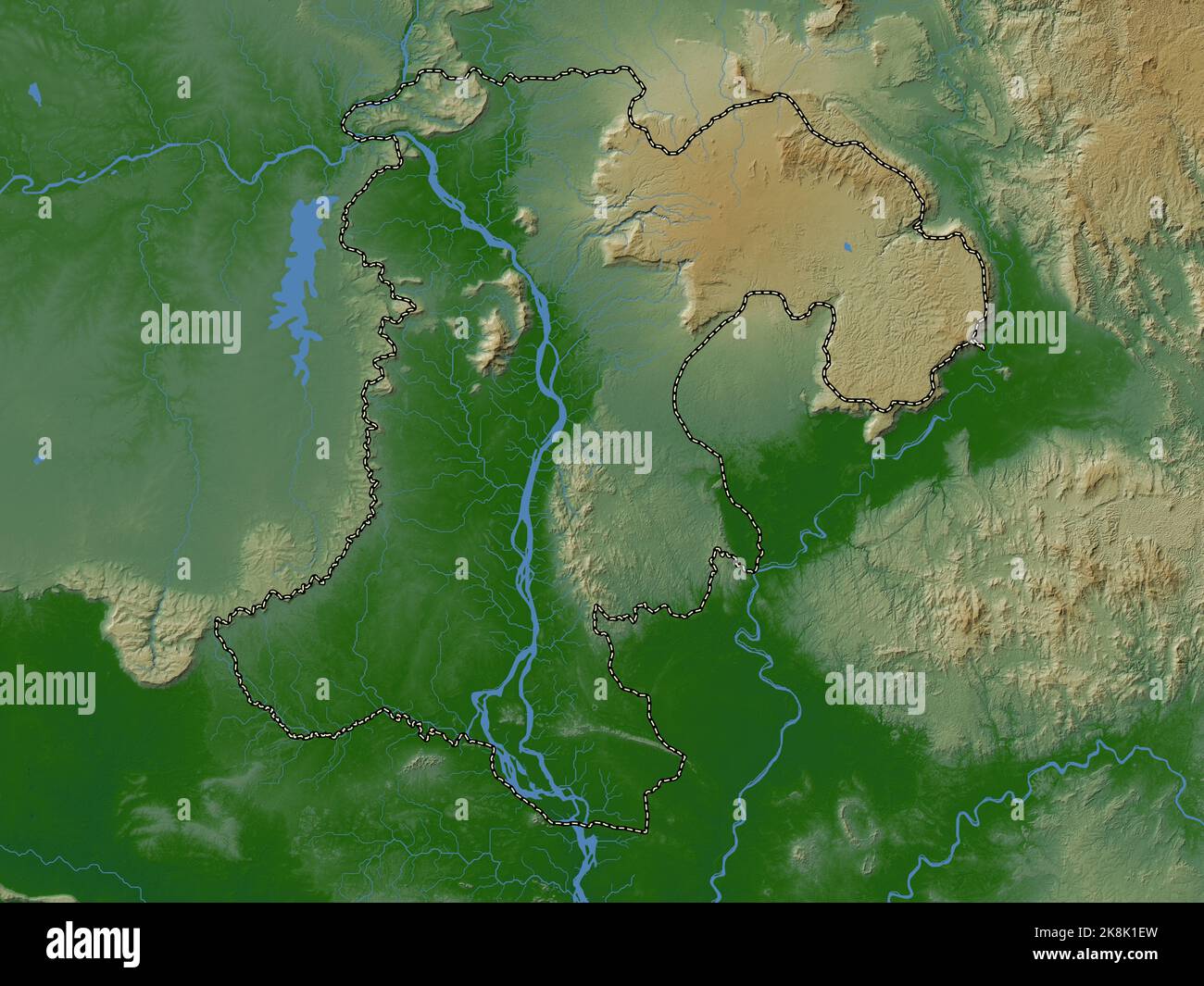Champasak, province of Laos. Colored elevation map with lakes and ...
