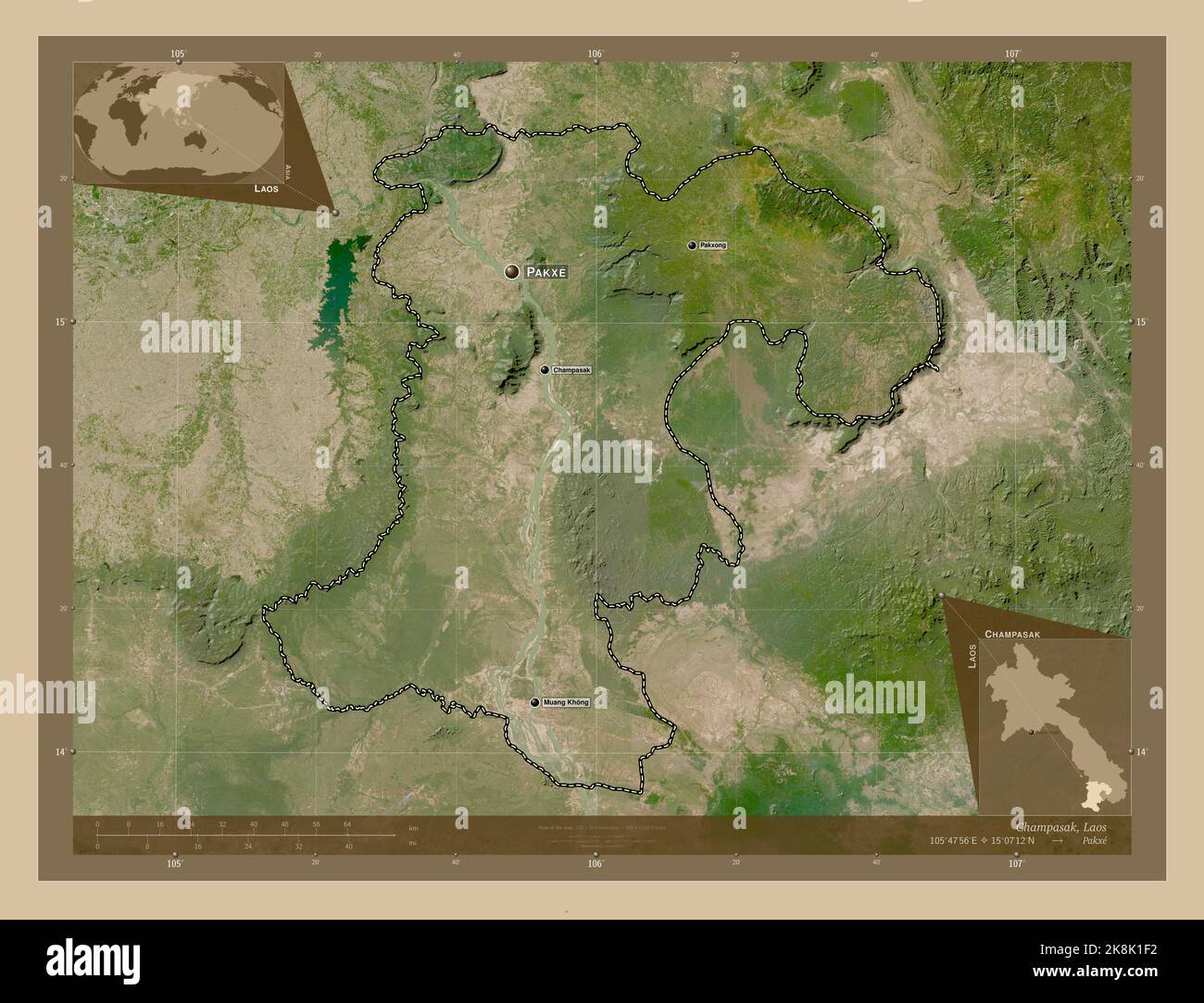 Champasak, province of Laos. Low resolution satellite map. Locations ...