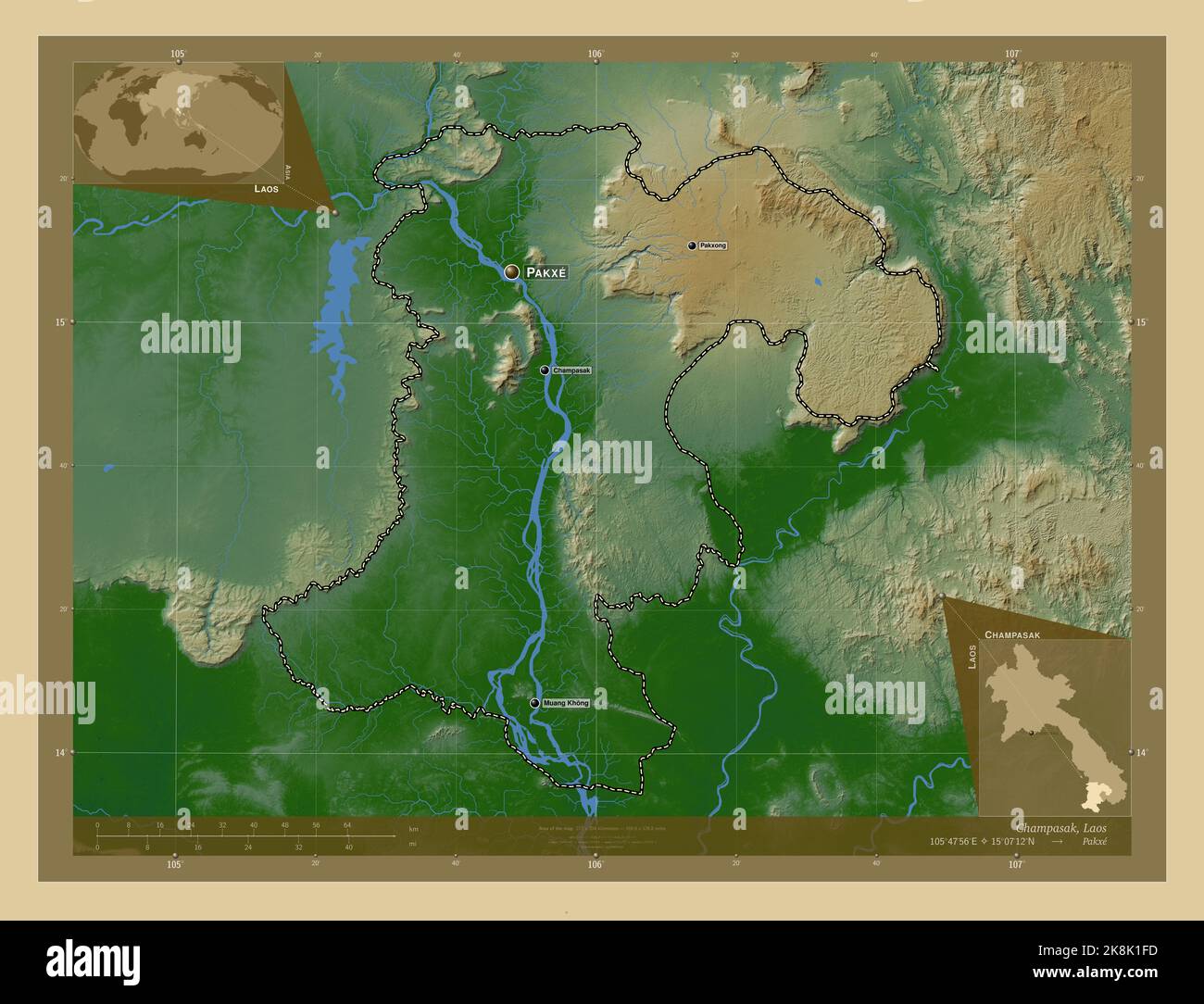 Champasak, province of Laos. Colored elevation map with lakes and ...
