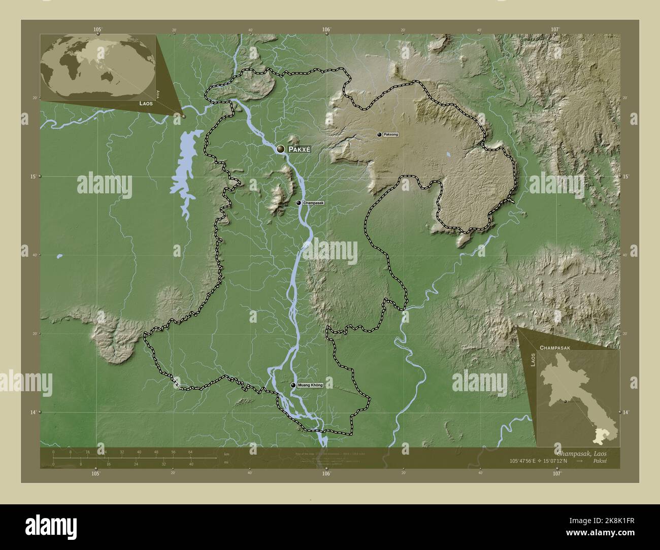 Champasak, province of Laos. Elevation map colored in wiki style with lakes and rivers ...