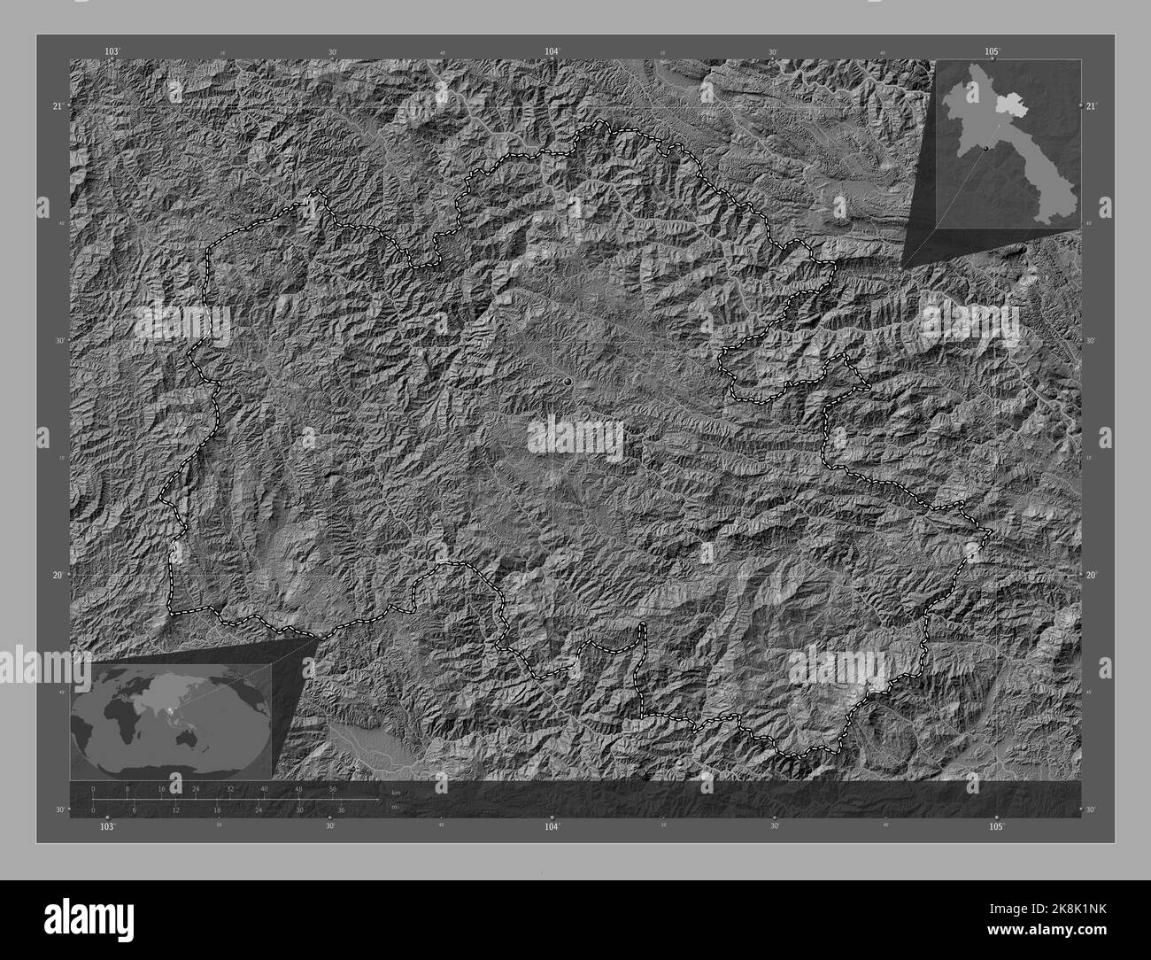 Houaphan, province of Laos. Bilevel elevation map with lakes and rivers ...