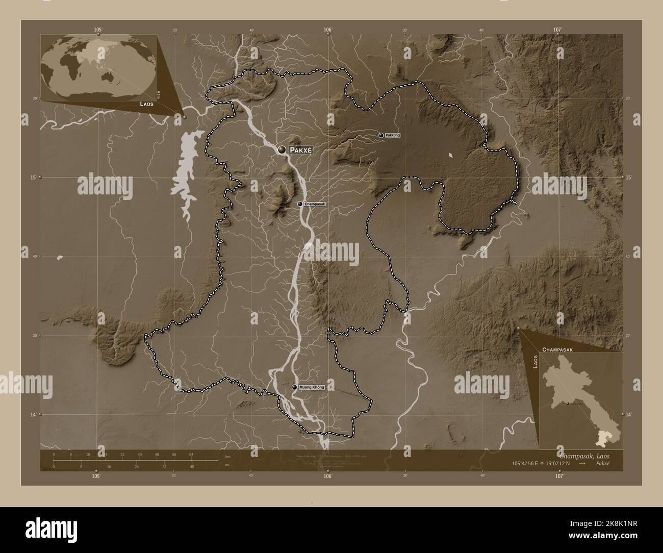 Champasak, province of Laos. Elevation map colored in sepia tones with ...