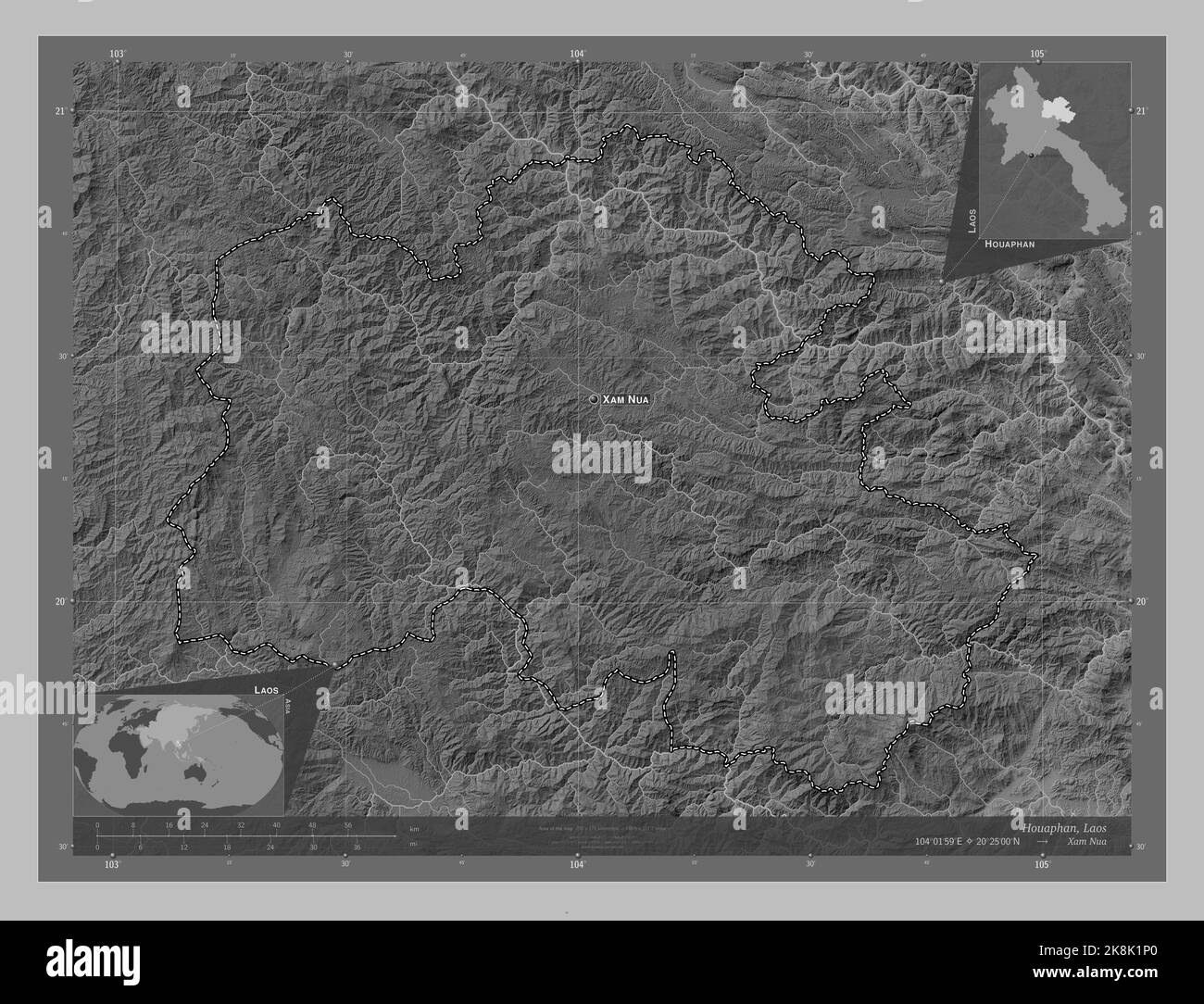 Houaphan, province of Laos. Grayscale elevation map with lakes and ...