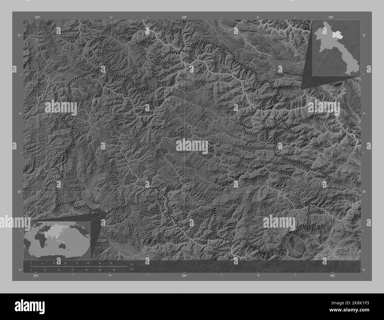 Houaphan, province of Laos. Grayscale elevation map with lakes and ...