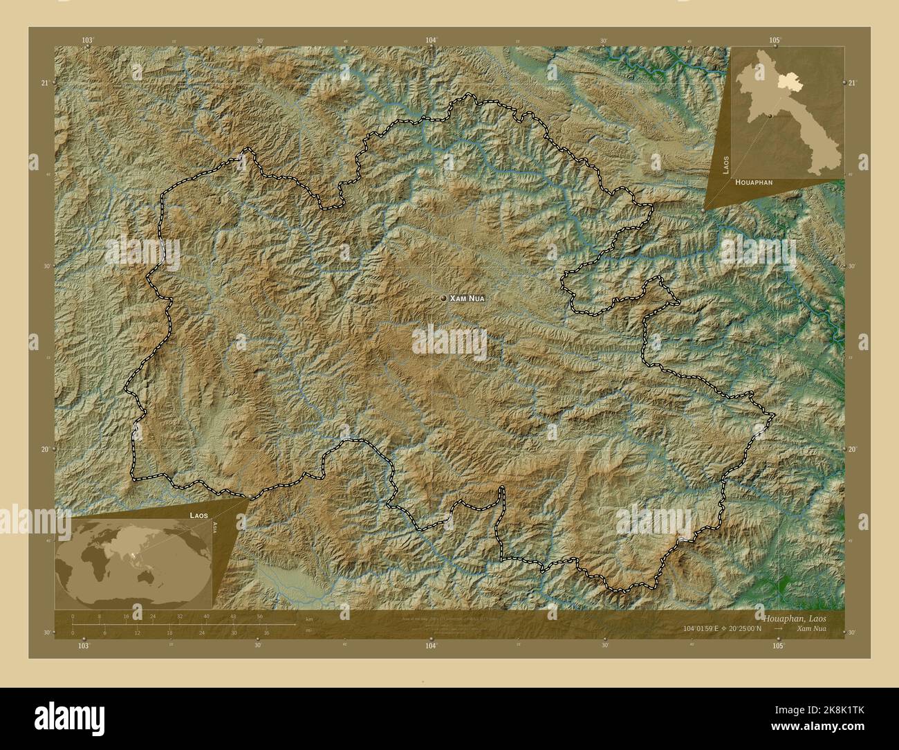 Houaphan, province of Laos. Colored elevation map with lakes and rivers ...