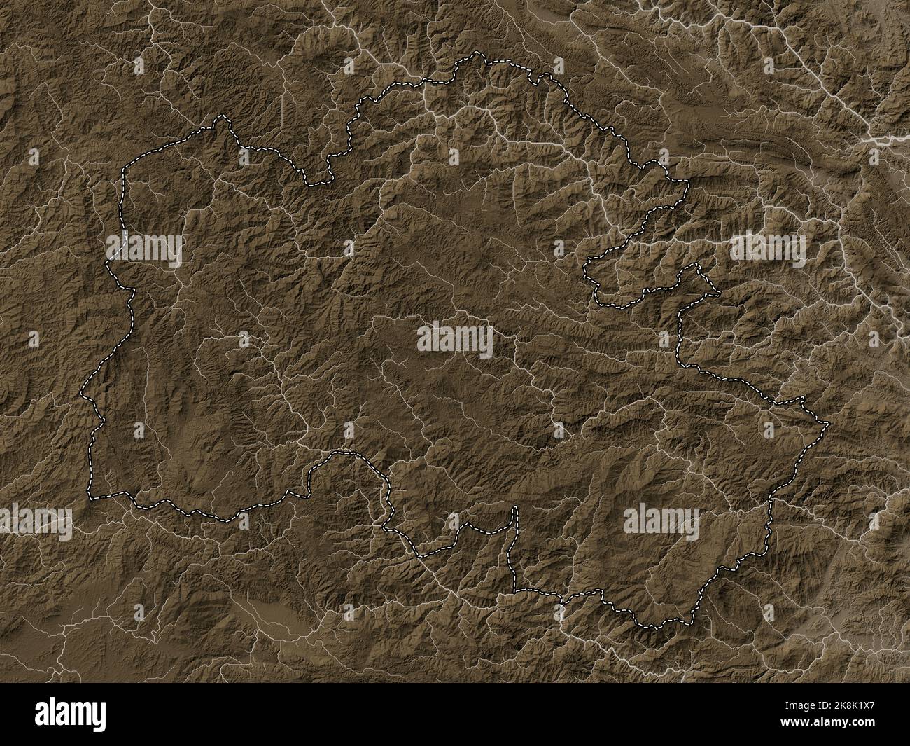 Houaphan, province of Laos. Elevation map colored in sepia tones with ...
