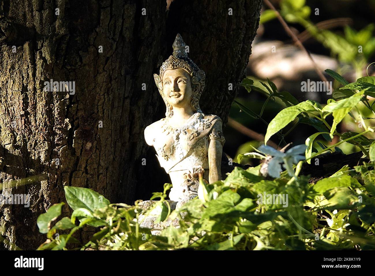 A white, Spirit Statues leaning against a tree in the forest under the ...