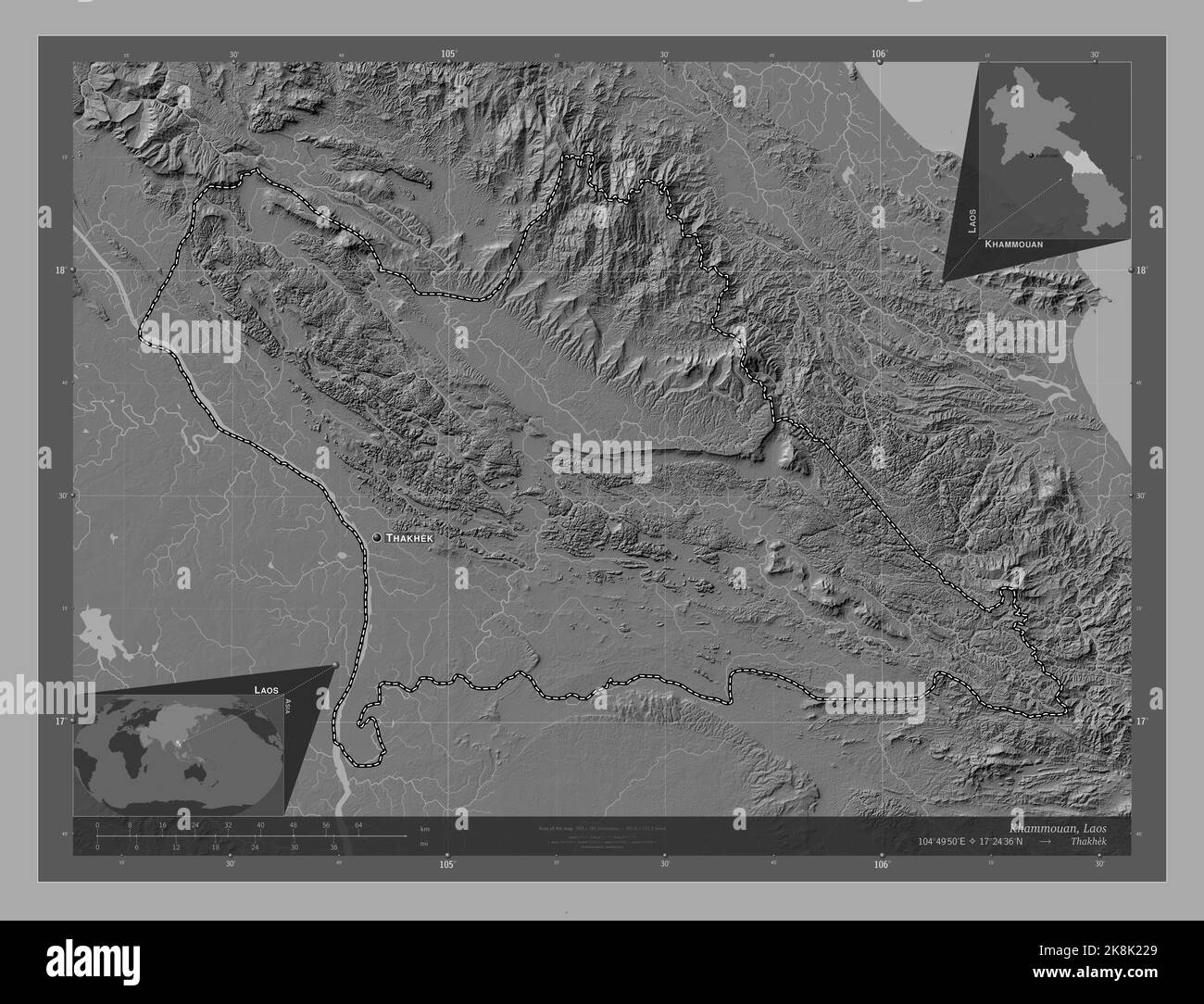 Khammouan, province of Laos. Bilevel elevation map with lakes and ...