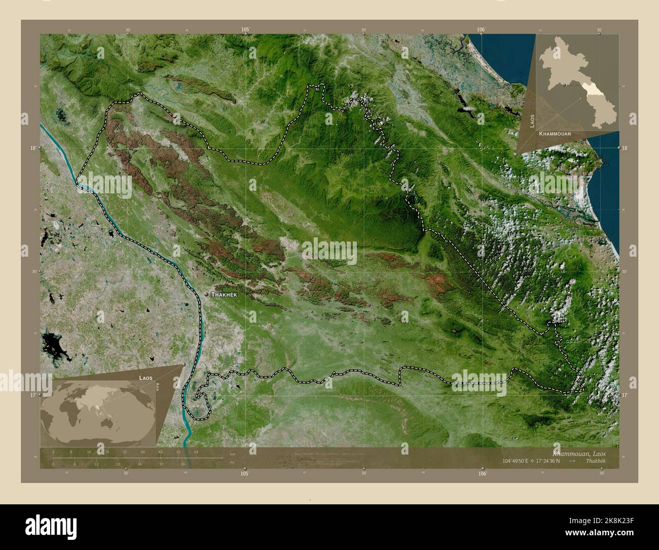 Khammouan, province of Laos. High resolution satellite map. Locations ...