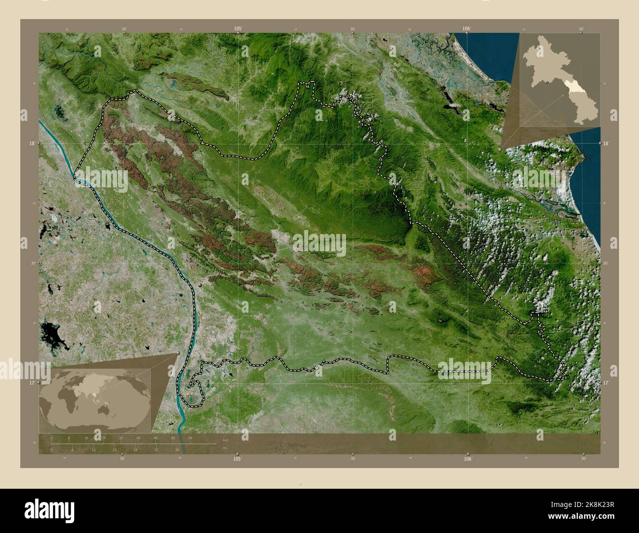 Khammouan, province of Laos. High resolution satellite map. Locations ...