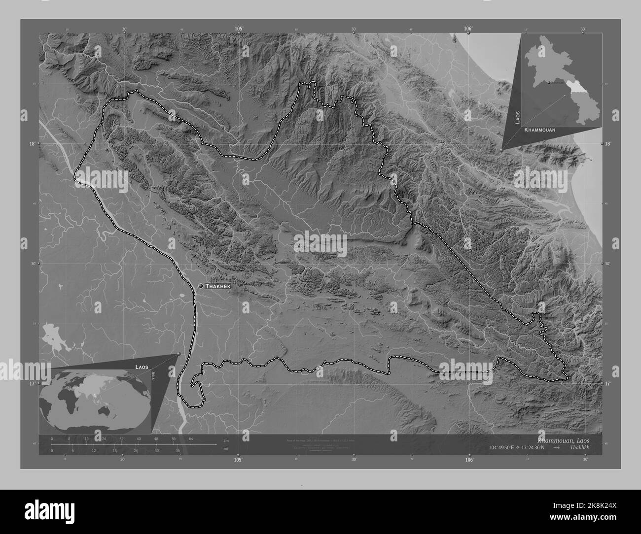 Khammouan, province of Laos. Grayscale elevation map with lakes and ...