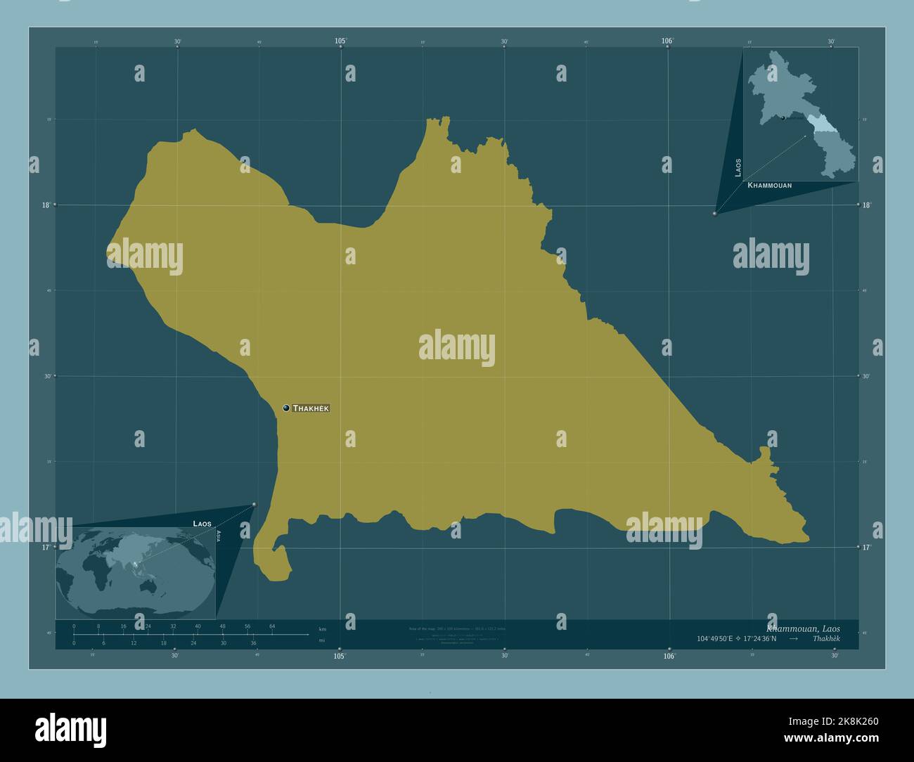 Khammouan, province of Laos. Solid color shape. Locations and names of ...